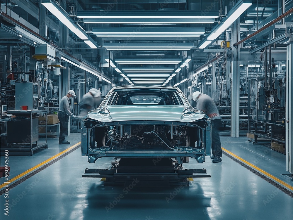 In a modern automobile manufacturing factory, robotic arms work ...