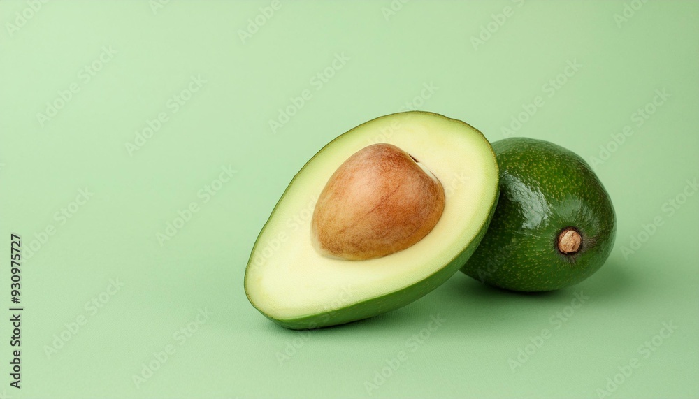 Cross section of fresh avocado with seed inside. green background ...