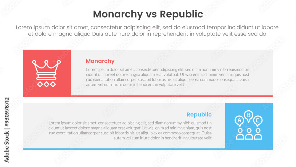 Constitutional monarchy vs republic comparison or versus concept for ...