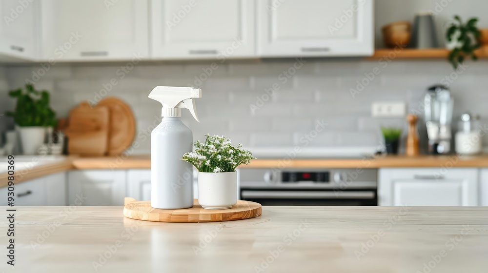 Antiseptic spray creating a bacteria-free zone on a kitchen countertop ...