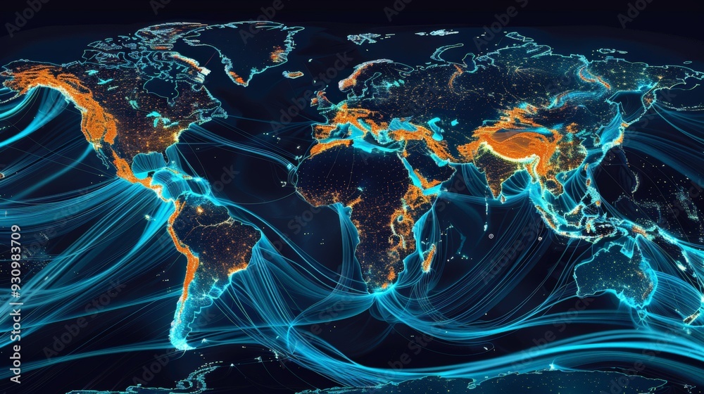 Design a detailed world map highlighting the routes of major ...