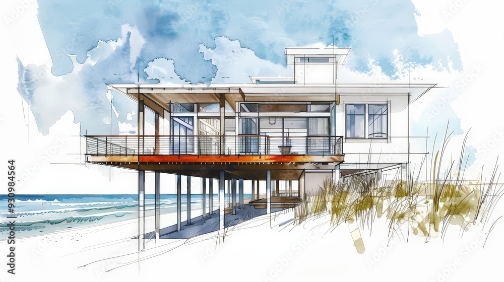 Design an architectural drawing of a beach house, highlighting its ...