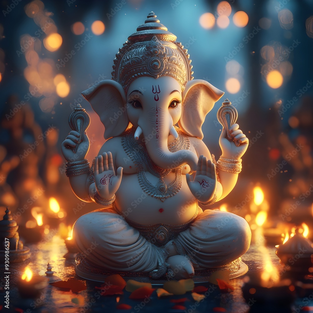 Reverent Nighttime Ganesh Chaturthi with Illuminated Ganesh Idol and ...