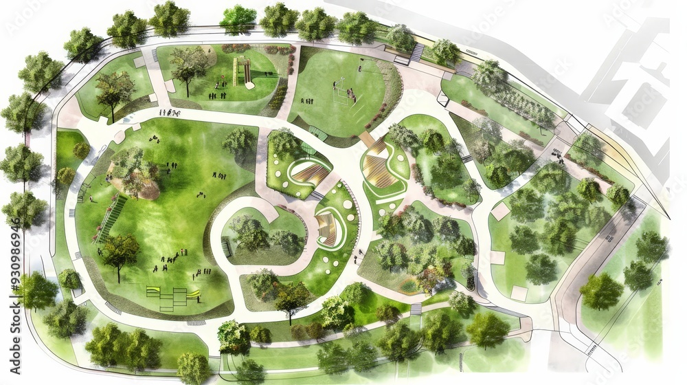 Draw a site plan for an urban park, detailing the pathways, landscaping ...