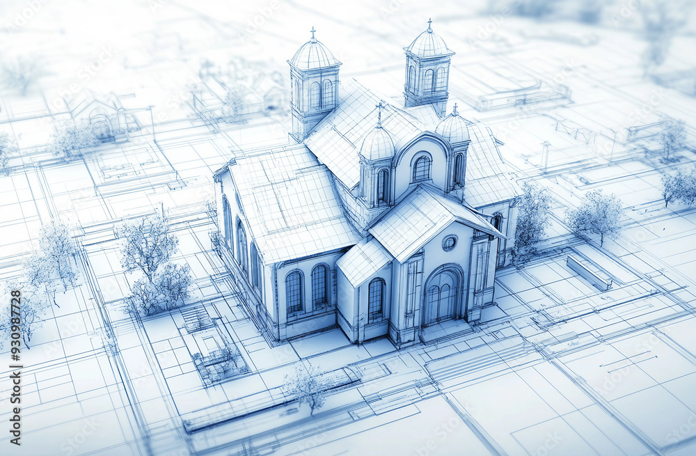 Architectural Blueprint of a Church Detailing Structural Elements and ...