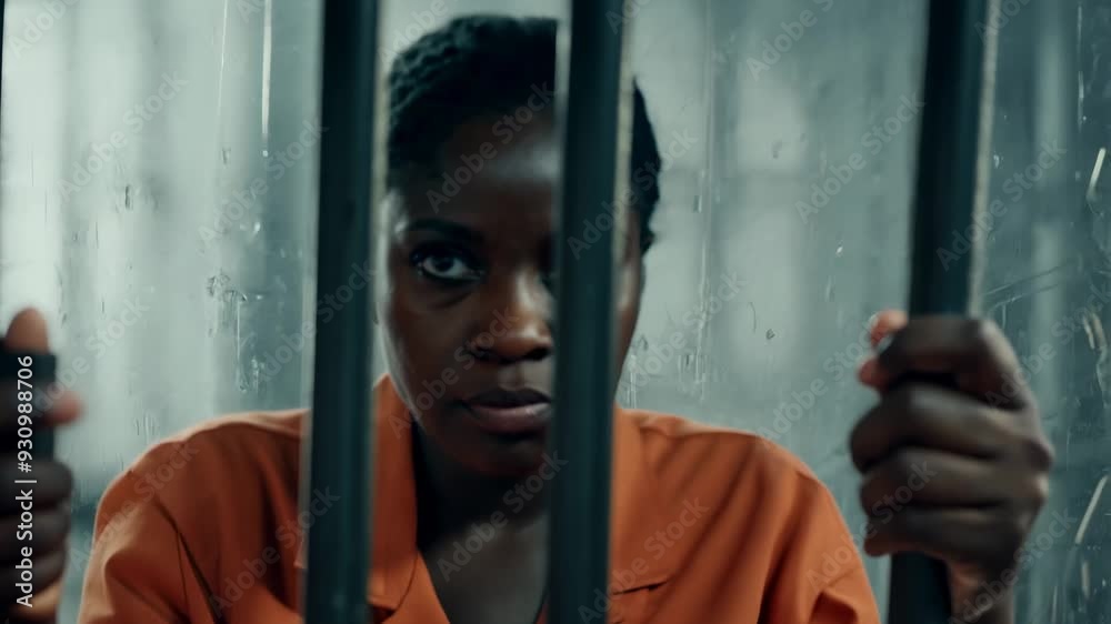 An African American female prisoner in an orange uniform against a ...