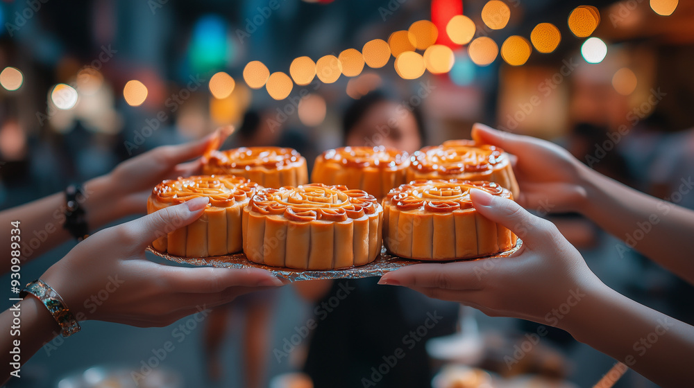 Hands of people eating tasty round moon cakes at mid autumn festival ...