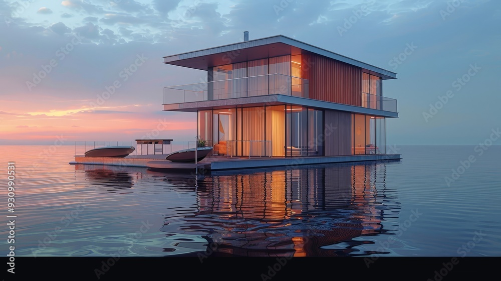 Illustrate a conceptual design for a floating house, focusing on its ...