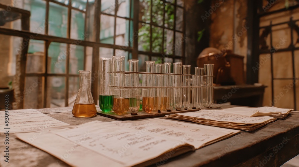 Vintage Laboratory Table with Test Tubes Flasks and Handwritten Notes ...