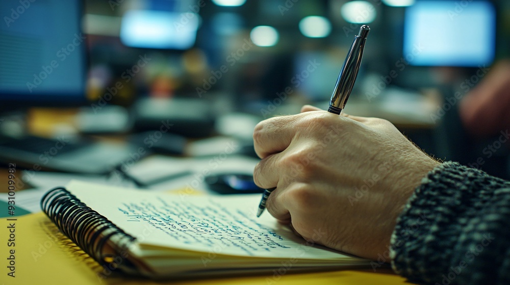 240803 58. Close-up of a journalist's calloused hands scribbling ...