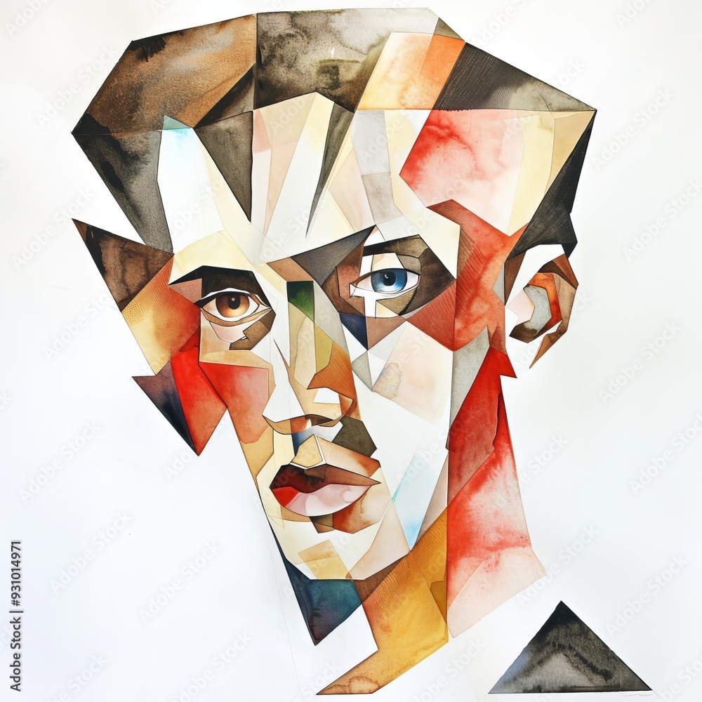 Watercolor painting of a cubist self-portrait, with the artist's face ...