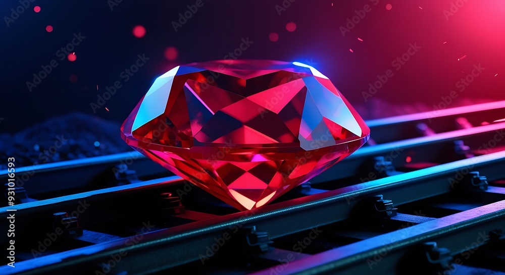 Ruby stone placed on a rail track, symbolizing the Ruby on Rails ... Ruby stone placed on a rail track, symbolizing the Ruby on Rails ...