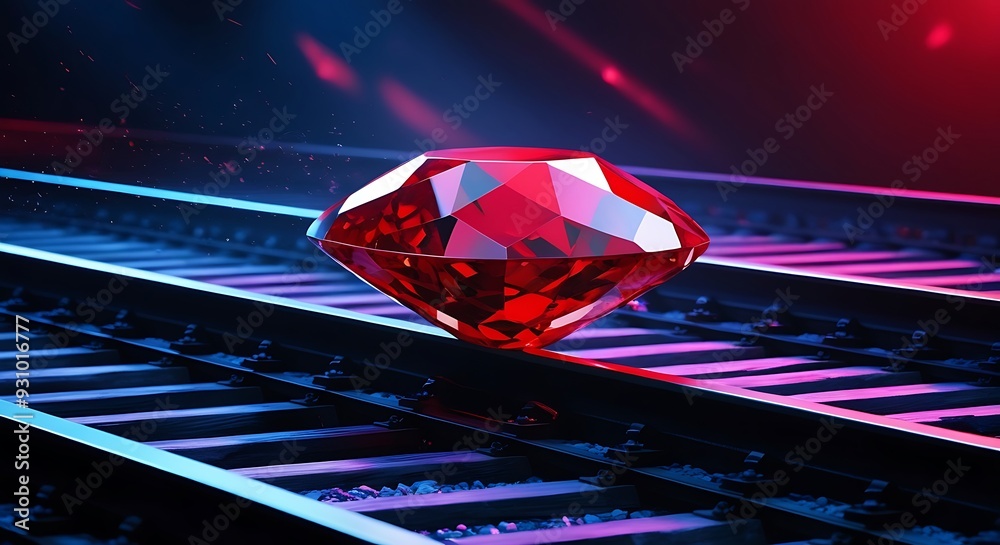 Ruby stone placed on a rail track, symbolizing the Ruby on Rails ... Ruby stone placed on a rail track, symbolizing the Ruby on Rails ...