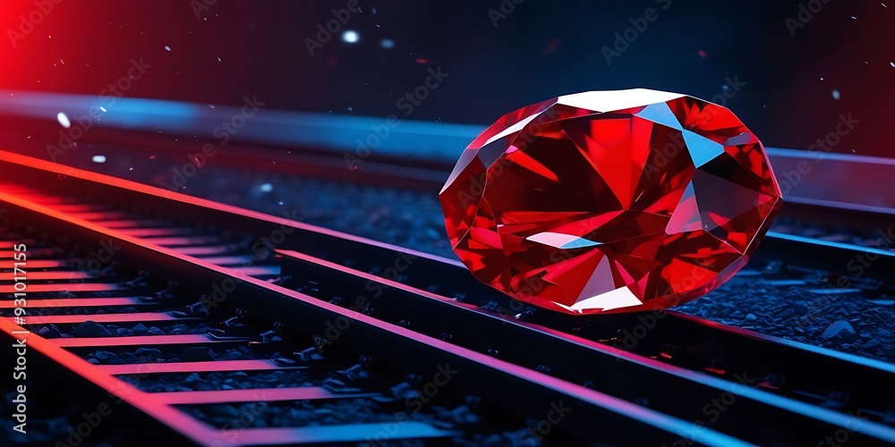 Ruby stone placed on a rail track, symbolizing the Ruby on Rails programming language. This ...