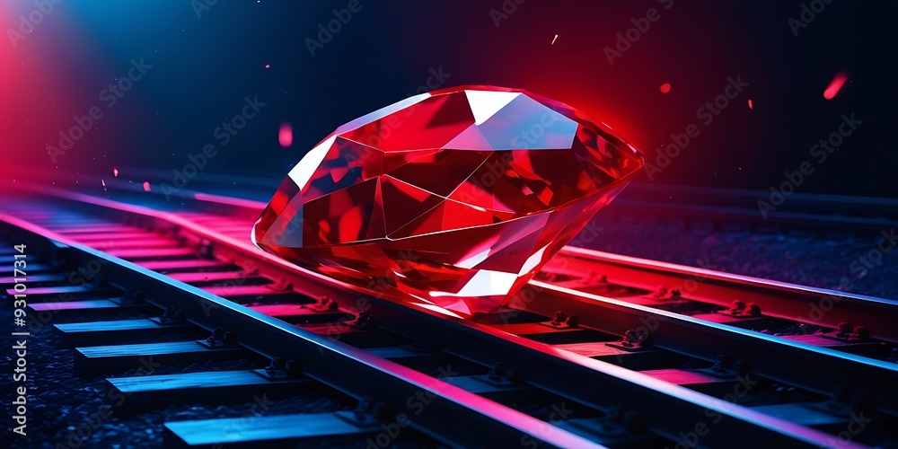 Ruby stone placed on a rail track, symbolizing the Ruby on Rails ... Ruby stone placed on a rail track, symbolizing the Ruby on Rails ...