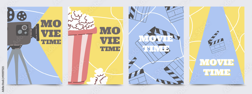 Cartoon cinema poster templates for film festival, movie time cards ...