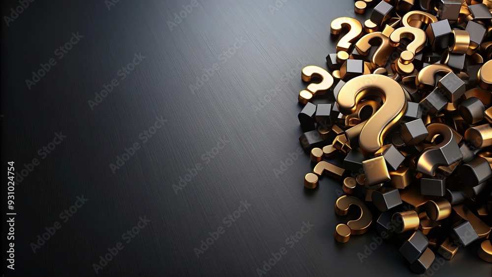 Pile of black question mark symbols with single golden exclamation mark ...
