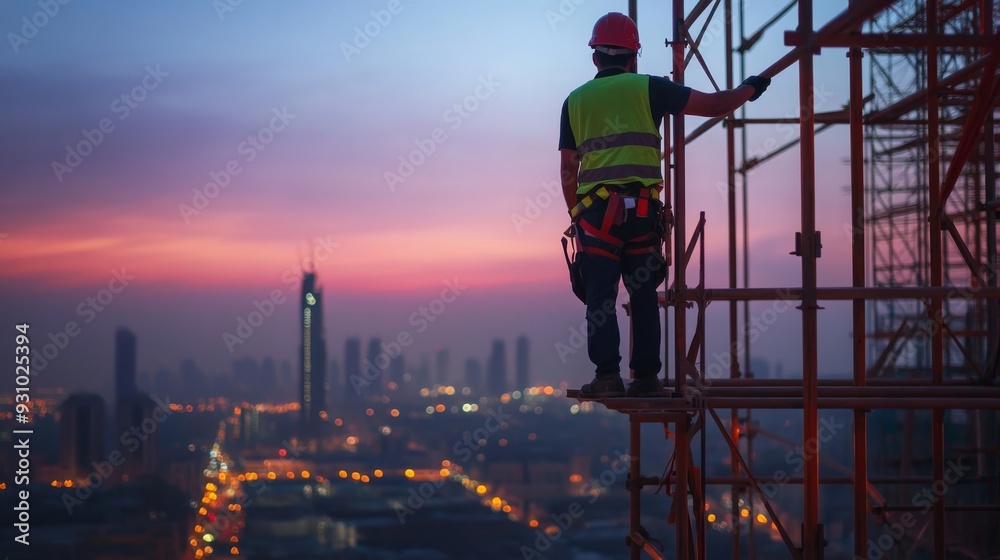 Engineer standing on scaffolding, checking the alignment of beams, with ...