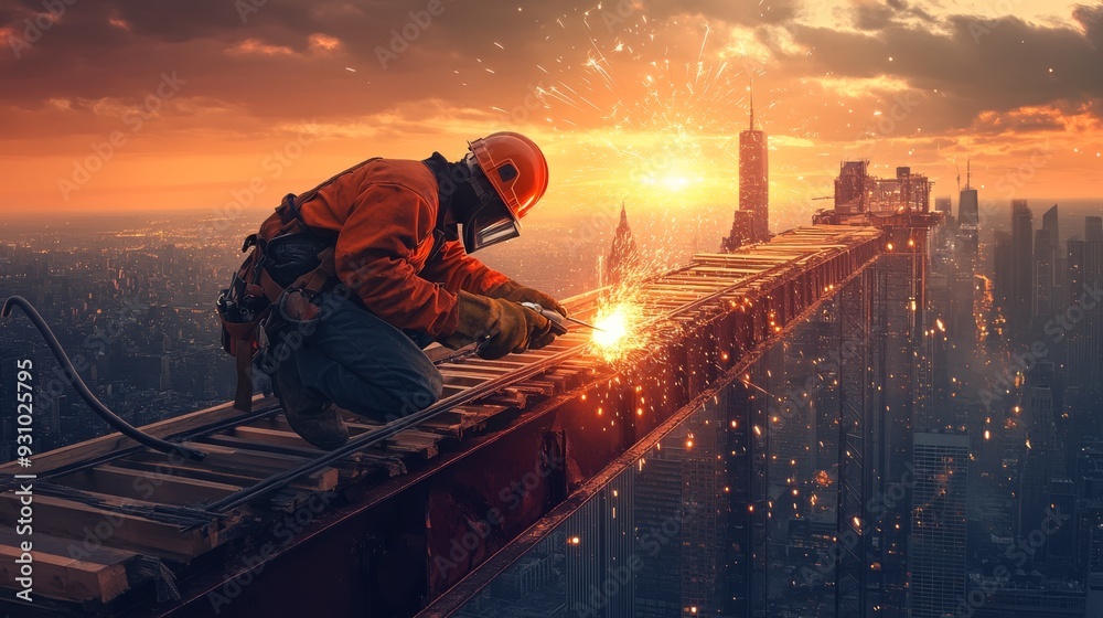 Bridge construction engineer welding steel beams at a bridge site ...