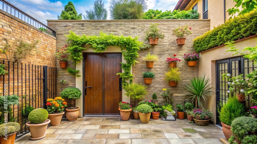 Outdoor house wall with main gate and mini lawn, adorned with beautiful ...