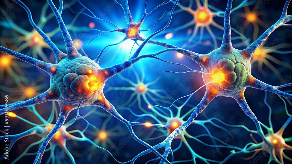 Two nerve cells connected at a synapse in a , neuroscience, biology ...