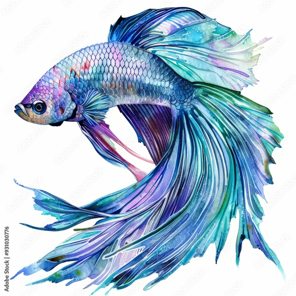 Watercolor painting of a mesmerizing betta fish, with its flowing fins ...