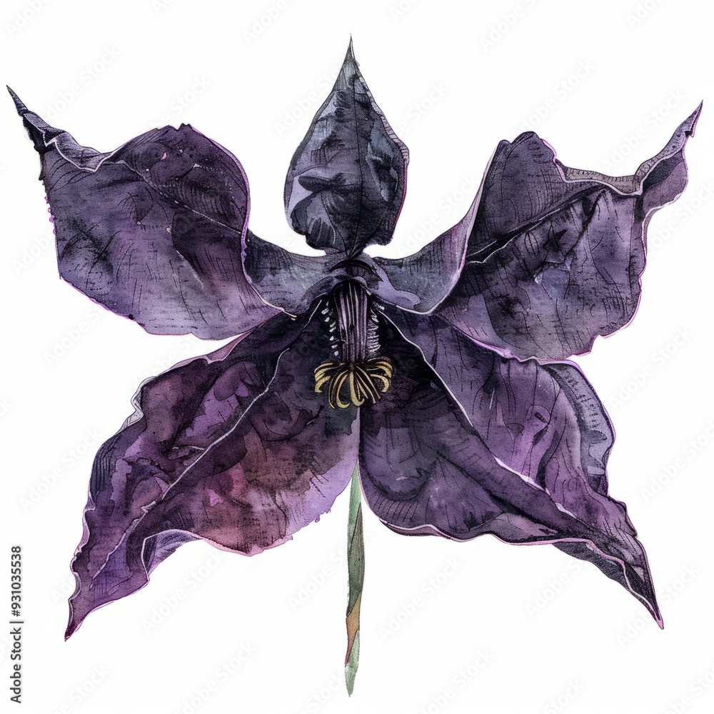 Watercolor painting of a rare black bat flower, with its exotic, bat ...