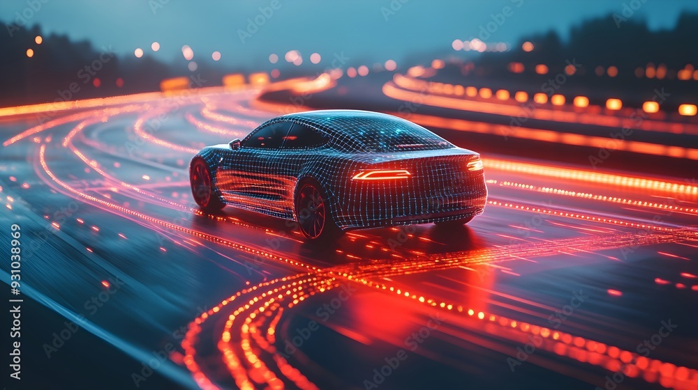 A self driving car gliding smoothly along a futuristic highway with ...