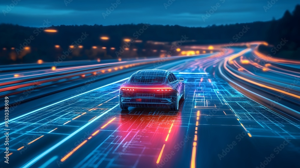 Advanced AI powered self driving car navigating a futuristic highway with glowing paths and ...