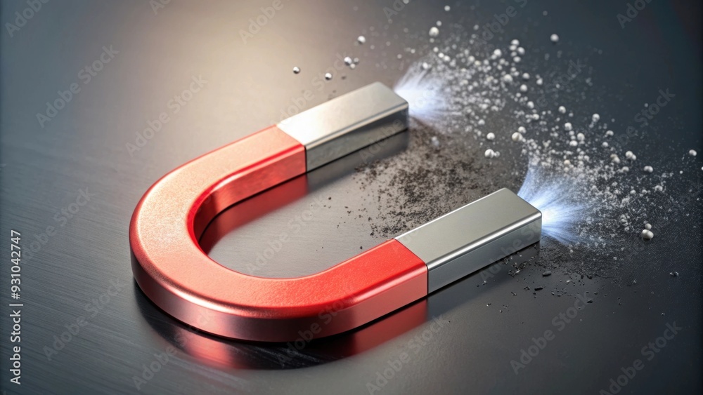 Horseshoe magnet attracting metal objects, science, magnetism ...