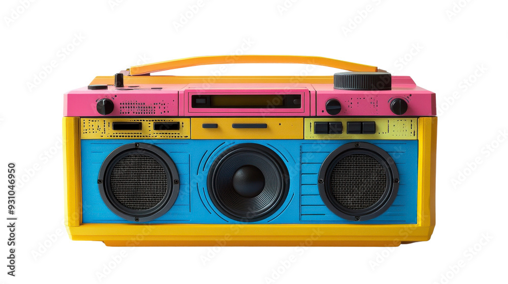 Colorful retro boombox with vibrant pink, blue, and yellow design ...