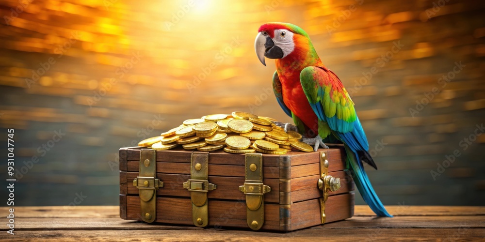 Parrot perched on top of treasure chest filled with gold coins, pirate ...