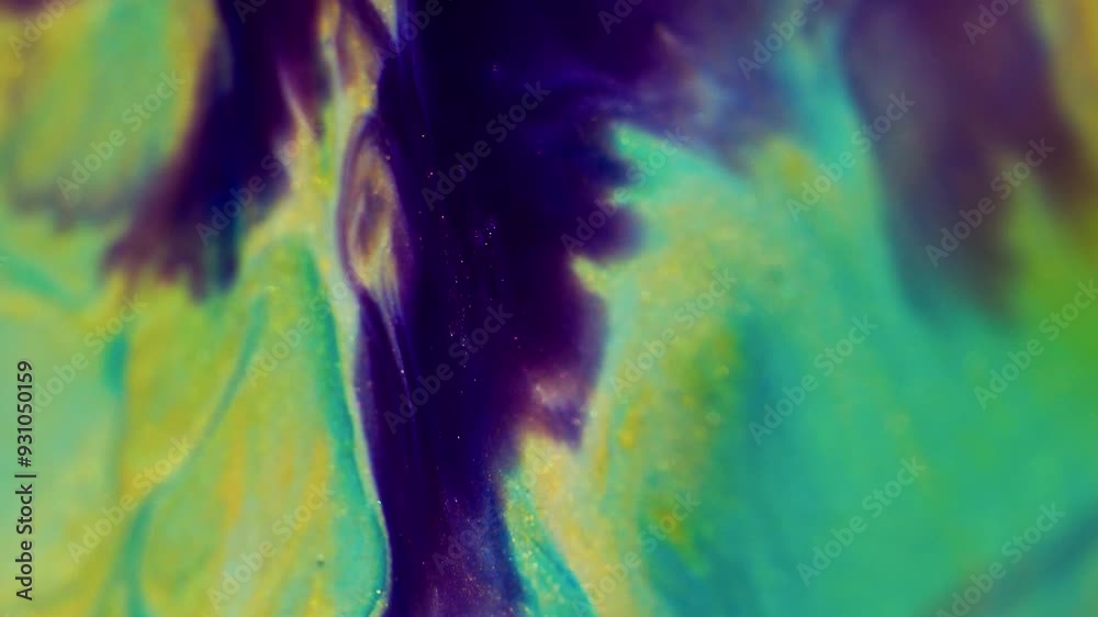 Water paint spill. Sequin fluid. Sparkling emulsion. Defocused purple ...