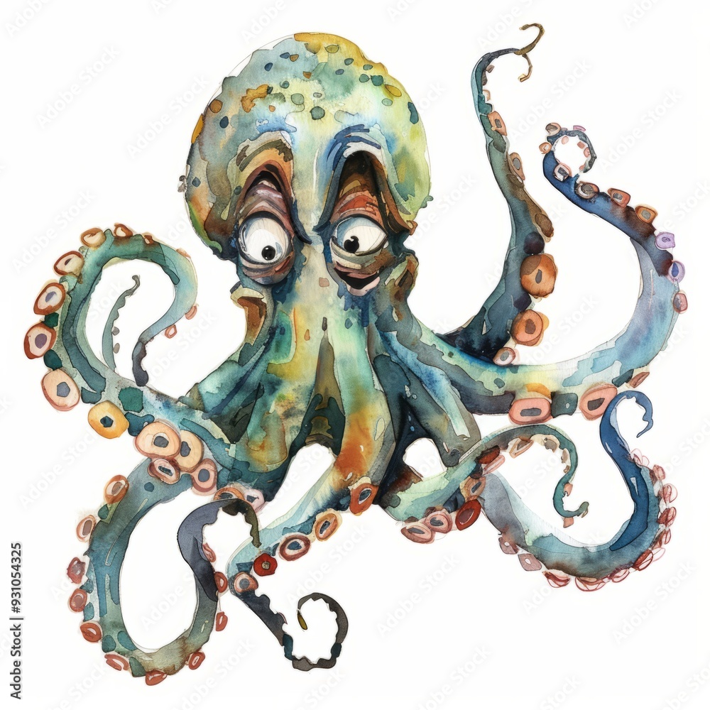 Watercolor painting of a clumsy octopus tangled in its own tentacles ...