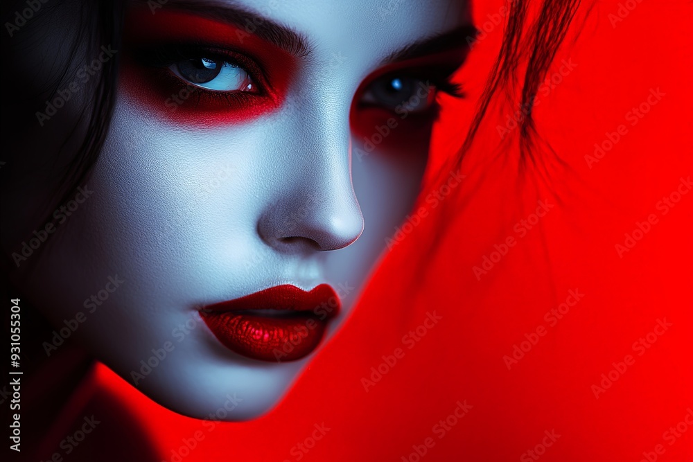 Portrait close-up of a stunning woman with a white face, dressed in red ...