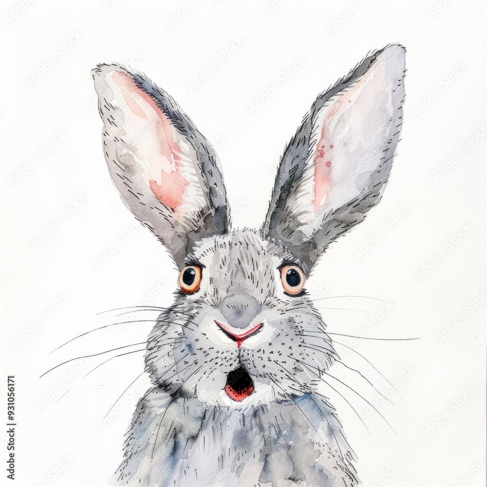 Watercolor painting of a surprised bunny with its ears standing ...