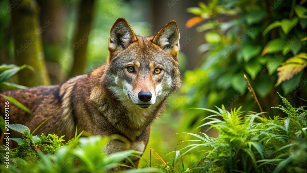 Red wolf stalking through undergrowth, red wolf, wildlife, predator, stalking, undergrowth ...