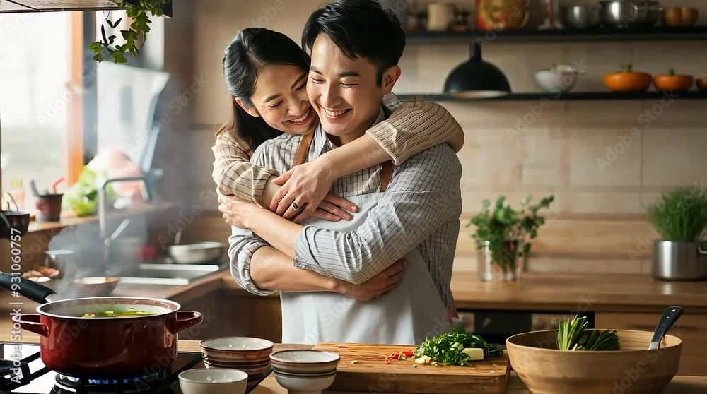 A romantic Asian couple shares a tender moment while cooking together ...