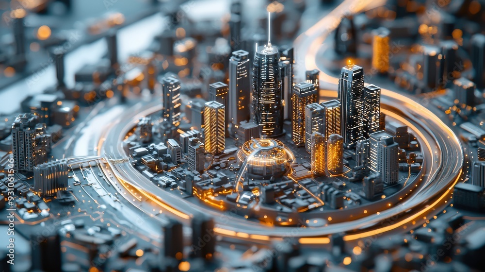 A smart city model with interconnected buildings, roads, and public ...