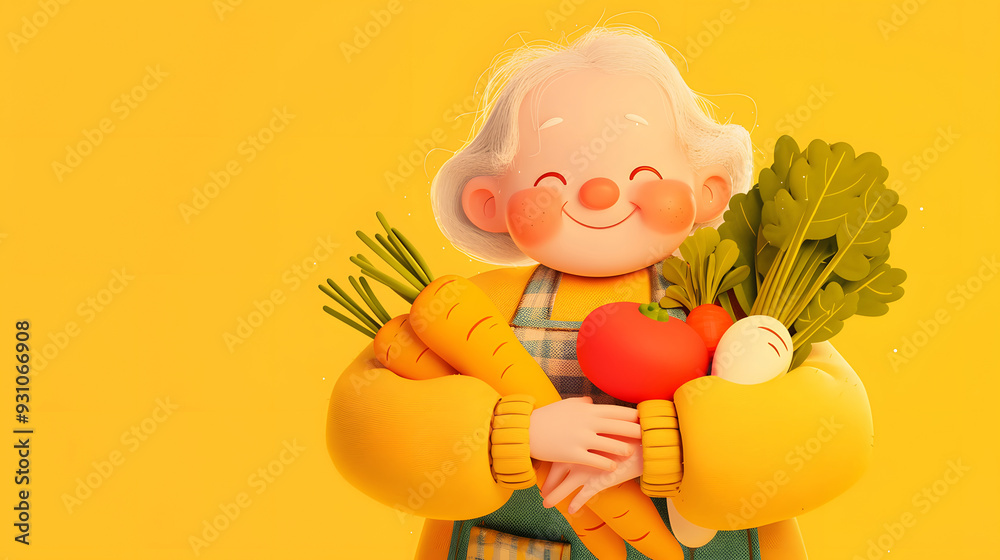 3D cartoon illustration of old lady holding vegetables Stock ...