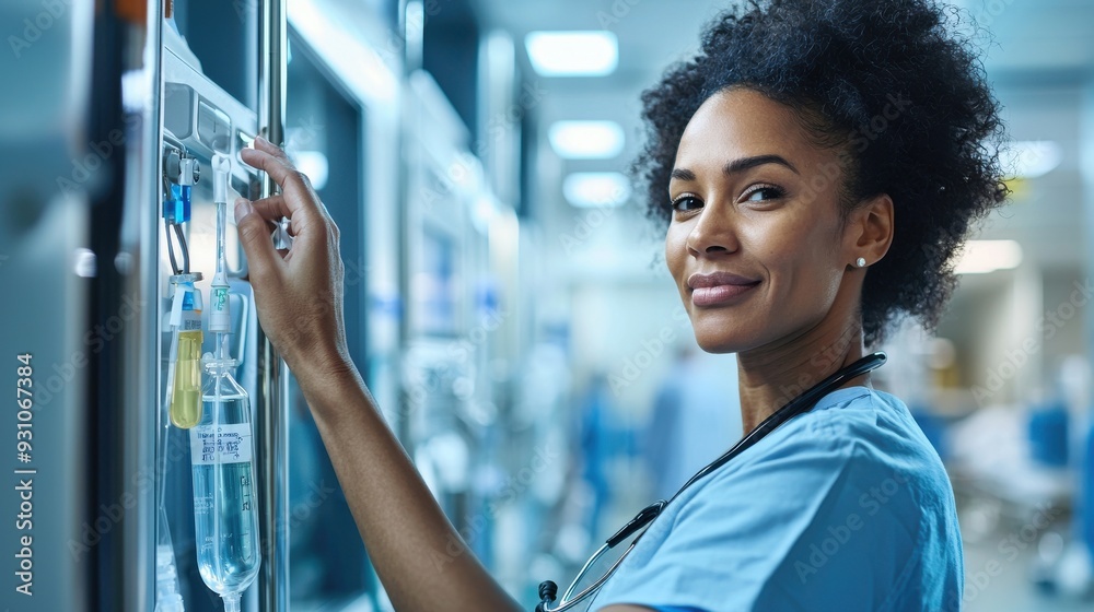 A nurse in a modern hospital setting, carefully adjusting a patient's ...