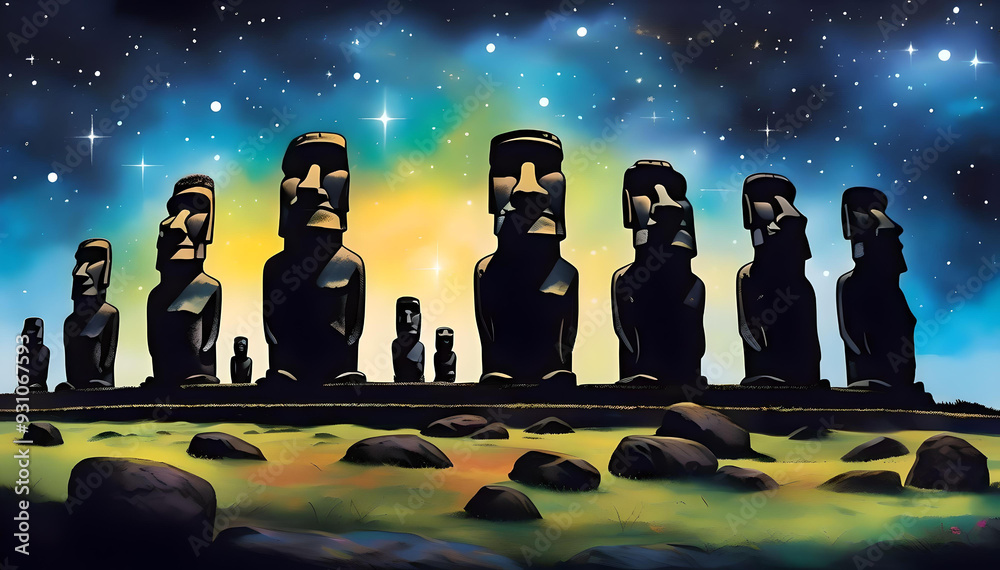 acrylic ink painting featuring ink blots of a few Moai statues on ...