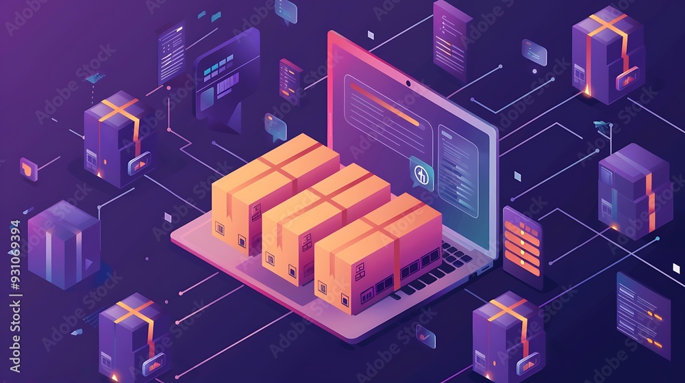 E-commerce logistics and delivery network with packages, laptop, and a ...