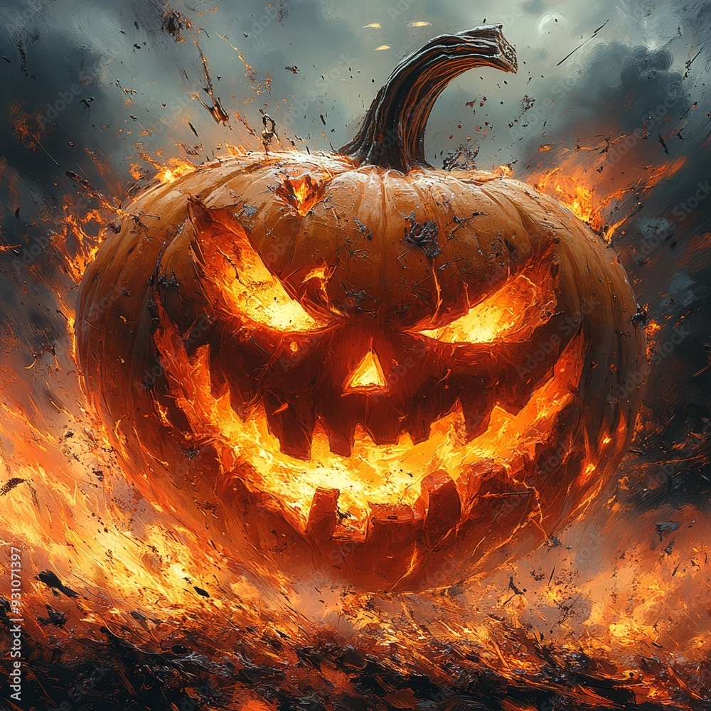 Capture a menacing jackolantern in a tilted angle 470 fire, flame ...