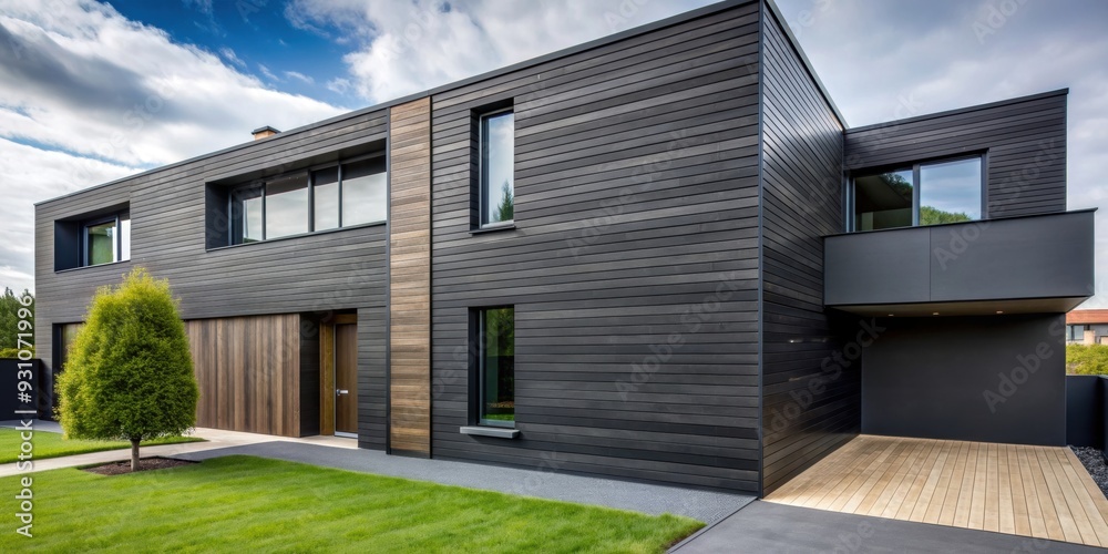 Black wood panels used as cladding on a modern house facade, black ...