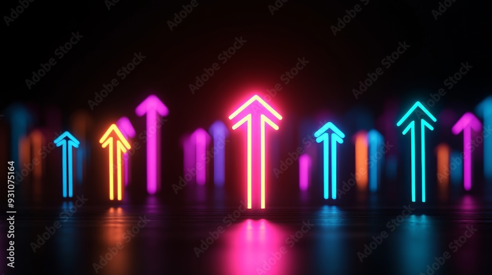 Bold, bright arrows pointing upwards, modern office filled with energy ...