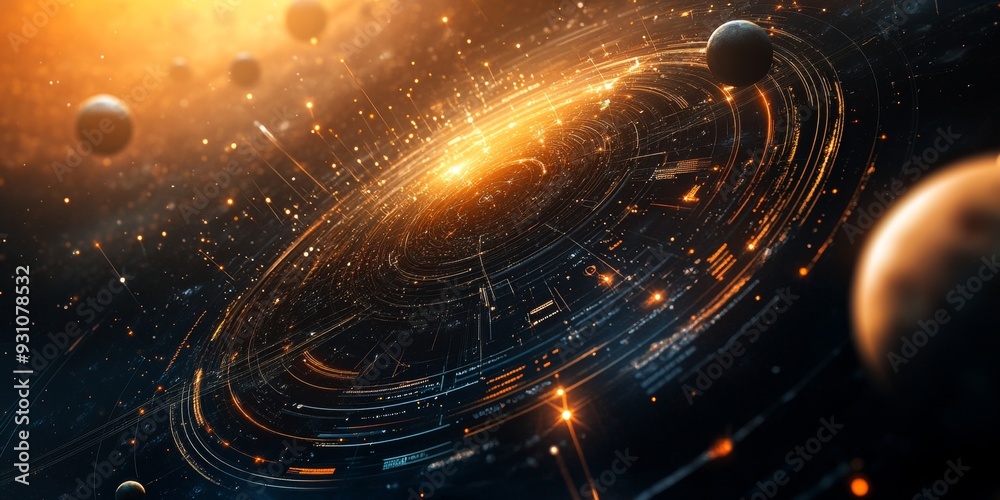 Close-up of an immersive space UI, featuring 3D planetary models ...