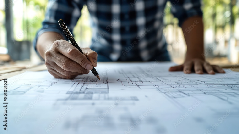 Civil engineer examining architectural plans at a construction site ...