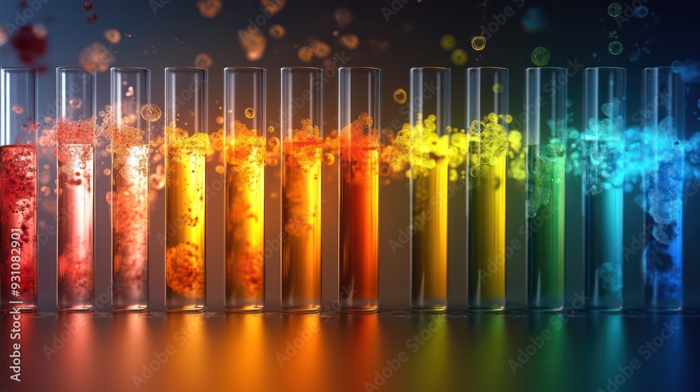 Colorful chemical solutions in test tubes arranged in a gradient ...