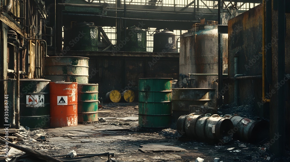 59. A scene depicting toxic chemical barrels and hazardous waste in a ...